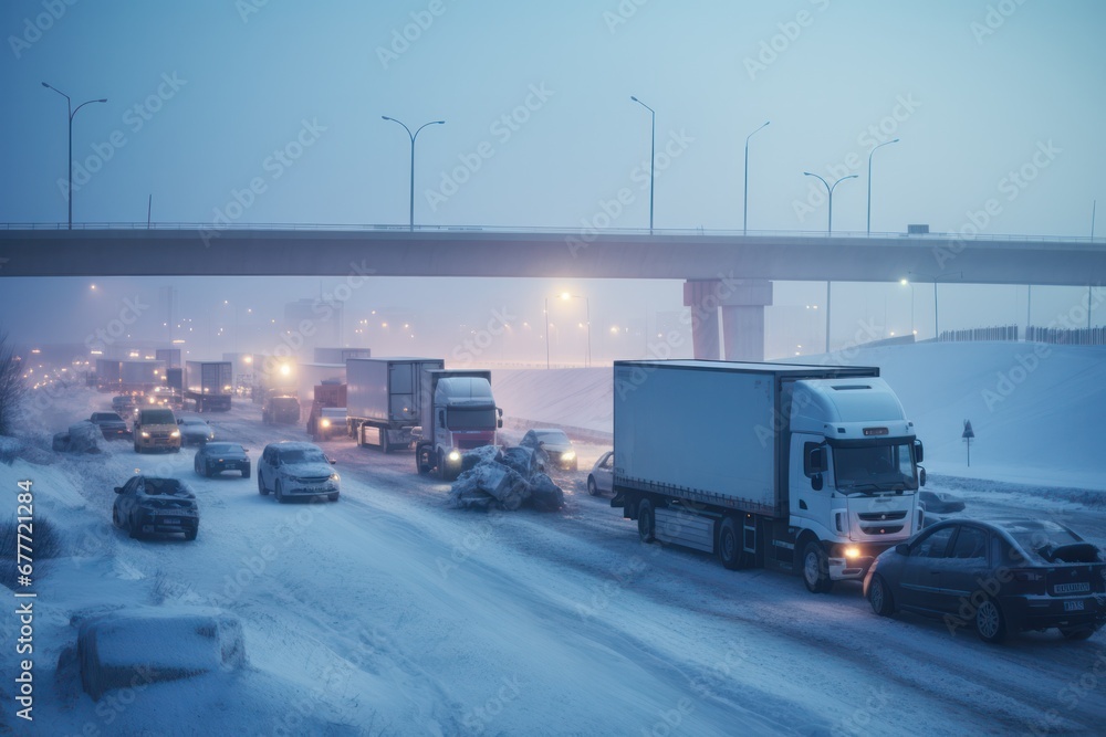 Stranded heavy trucks and cars with headlights on highway near bridge ...