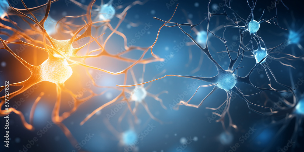 Nerve cell blue color banner with sun light, system neuron of brain ...