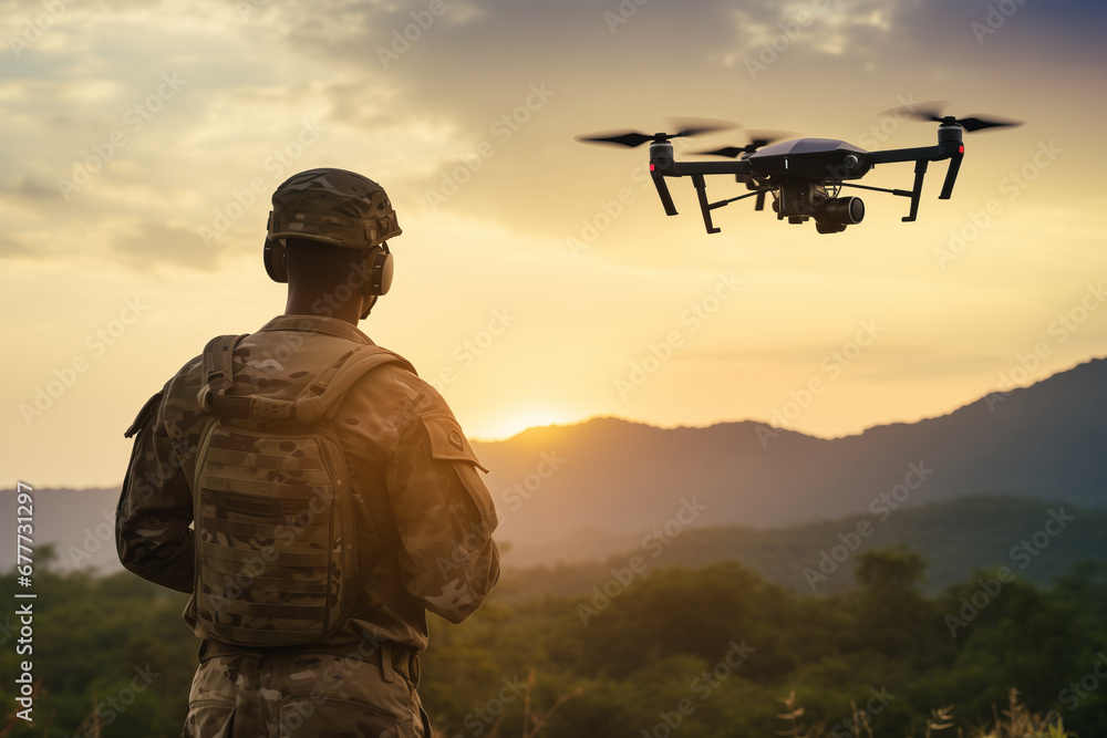 Military soldier controls drone on tablet for reconnaissance operation ...