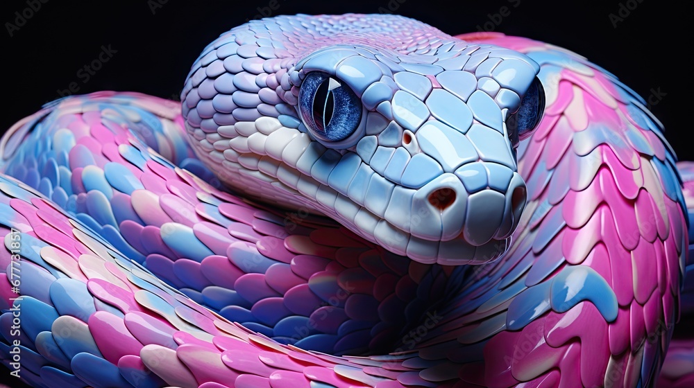 a close up of a pink and blue snake's head with it's tongue out and ...