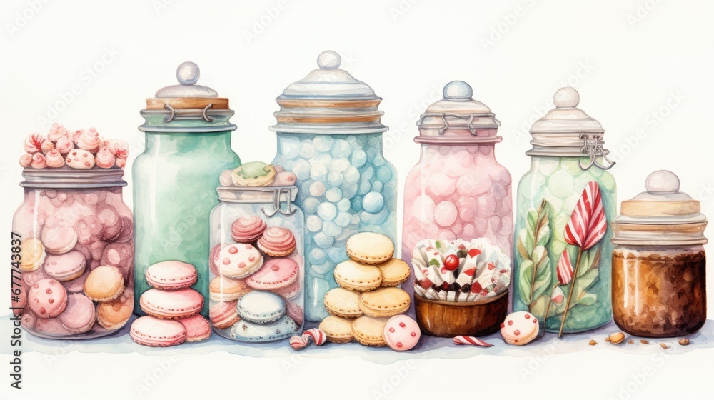 a painting of a bunch of jars filled with different types of candies ...