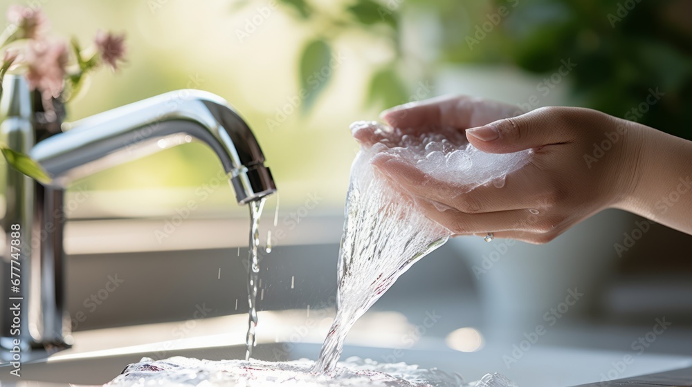 hand clean water washing clean hygiene in restroom basin countertop ...