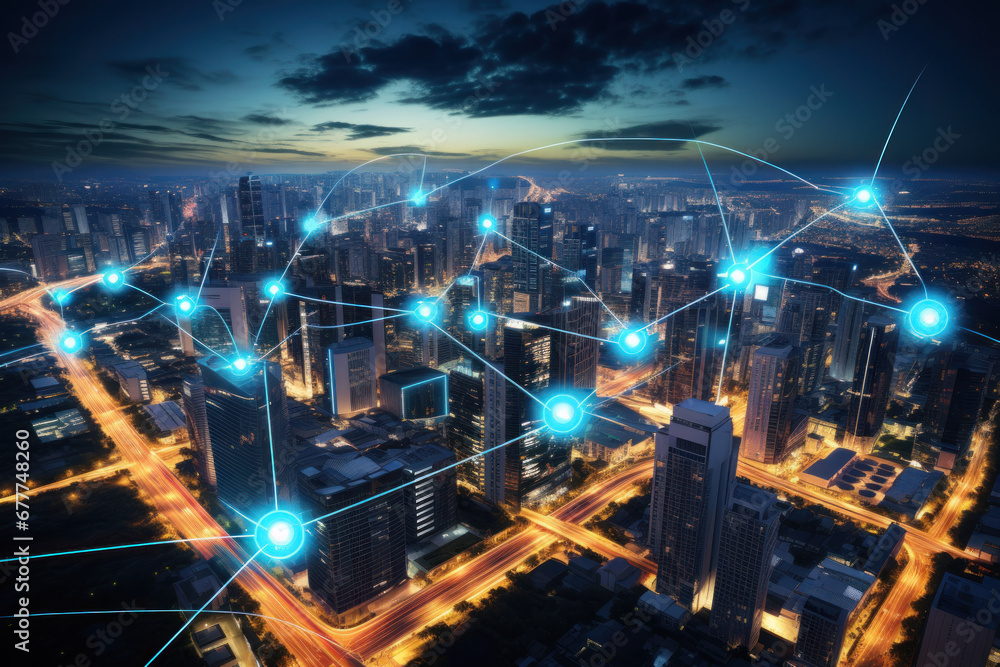 conceptual shot depicts a smart city with integrated IoT devices ...