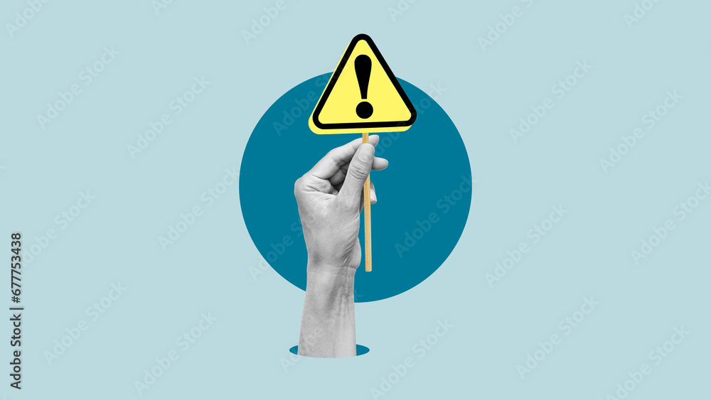 Collage with the hand with alert sign. Warning sign, alert, beware ...