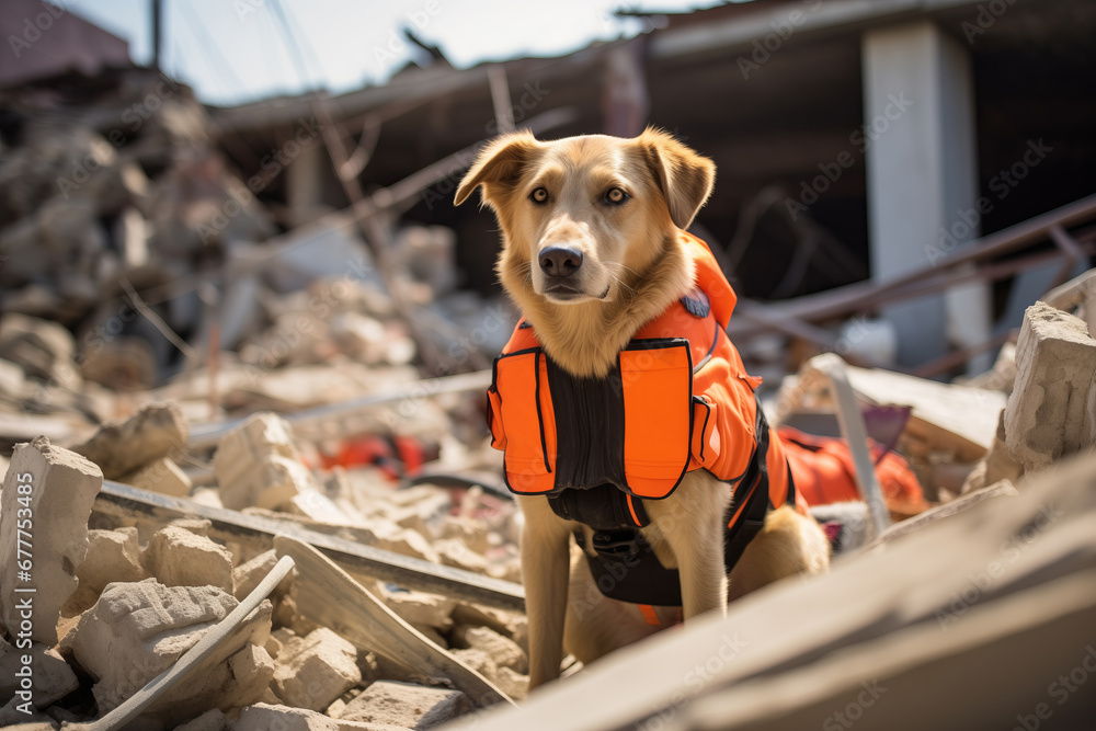 Rescue service dog working destroyed houses after the earthquake ...