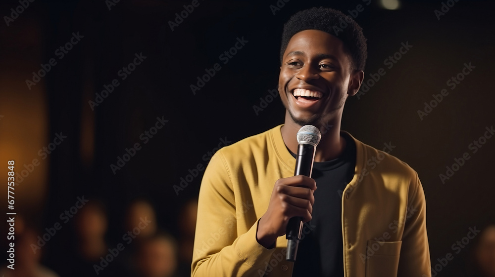 Young afro american man talks joke into microphone or sings songs ...