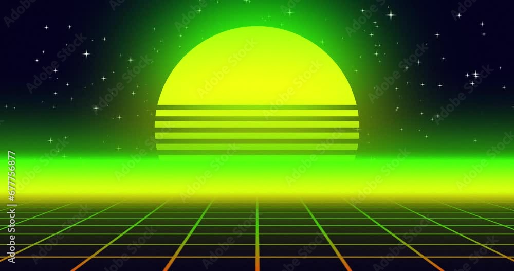 Vidéo Stock Retro Neon sun with grid cyber space background in seamless ...