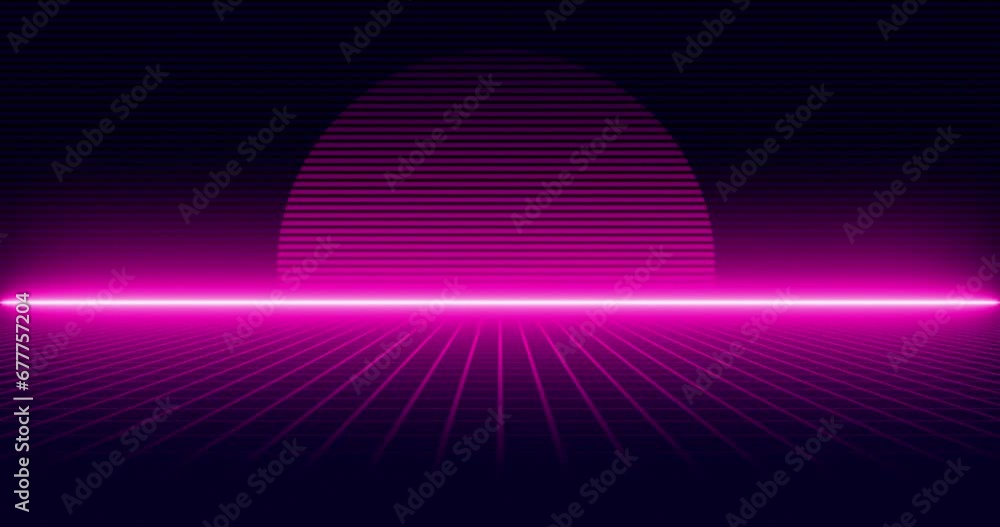 80s retro synthwave sunset over a tech grid field on a dark background ...
