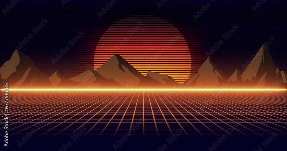 80s retro synthwave sunset over a tech grid field with low-poly ...