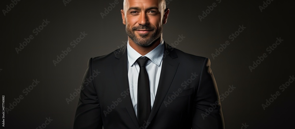 The successful businessman with a happy smile on his face poses for a ...