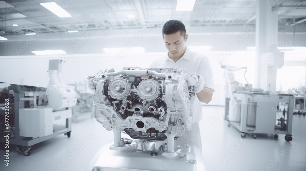 Professional technician tear down and inspecting car engine in clean ...