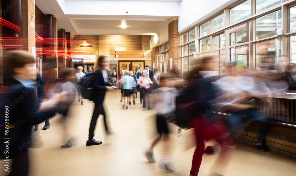 School pupils rushing through the corridors of a modern school, motion ...