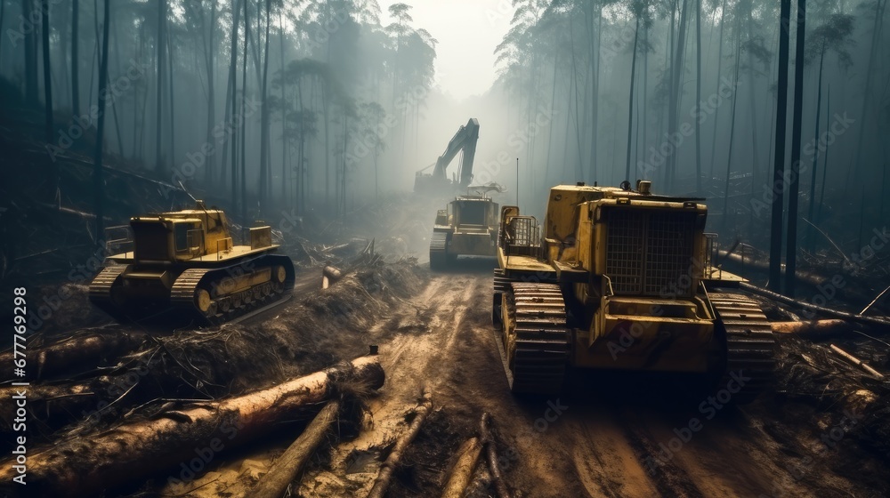 Smog and destruction in the amazon jungle, Huge logging machines. Stock ...