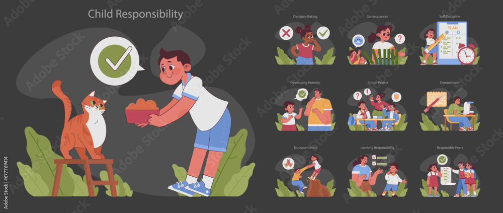 Child Responsibility concept. Teaching kids daily tasks, honest ...