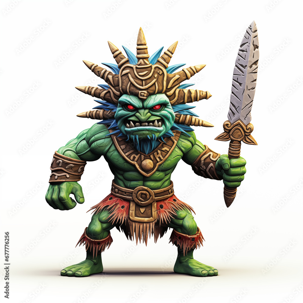 Green horned tribal looking monster with red eyes wearing leather armor ...