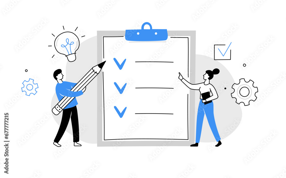 Checklist, survey list, task plan on white clipboard paper with doodle ...