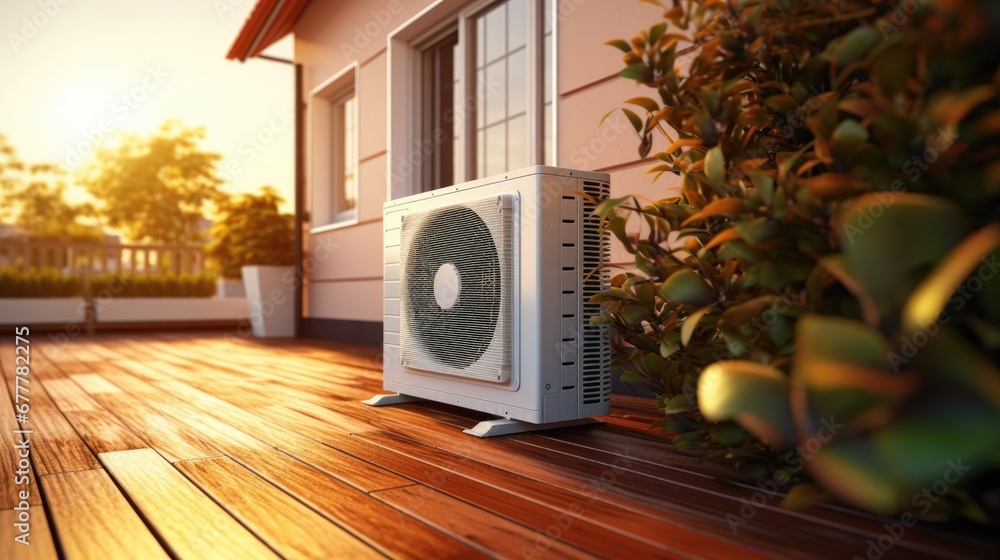 Air source heat pump or air conditioning HVAC unit installed outside ...
