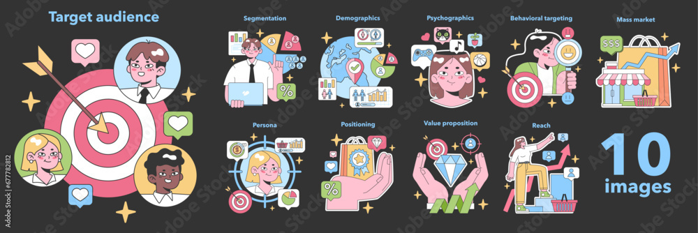 Marketing Strategies set. Engaging visuals for target audience analysis ...