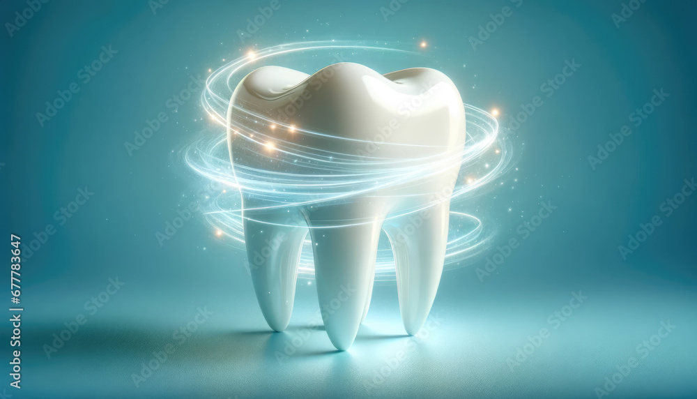 White tooth with swirling light effects creating an aura of cleanliness ...