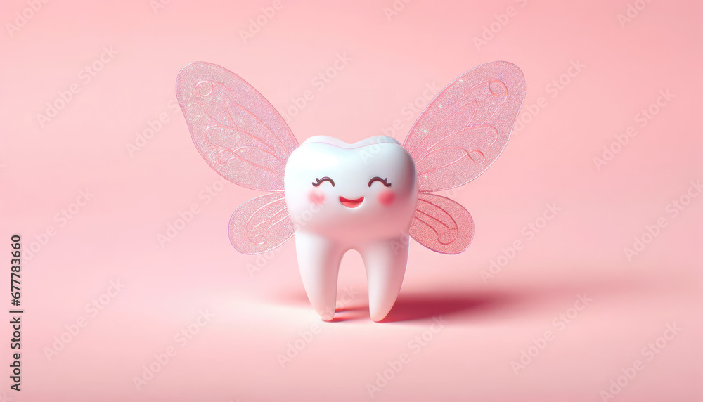 Magic fairy tooth with happy smile and translucent wings isolated on ...