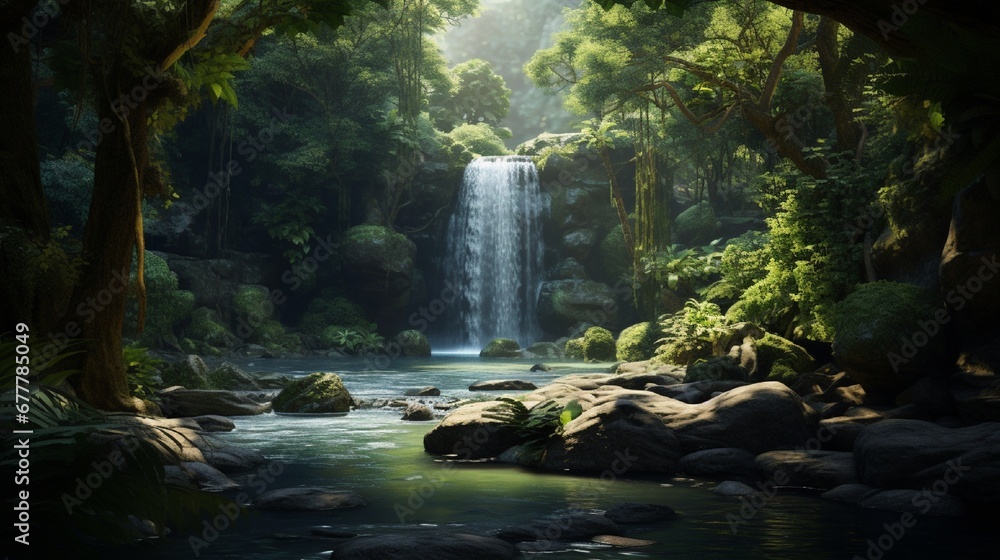 A detailed image of a small, secluded waterfall hidden in a dense ...