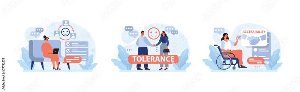 Inclusive workplace set. Modern employees collaborating, promoting ...