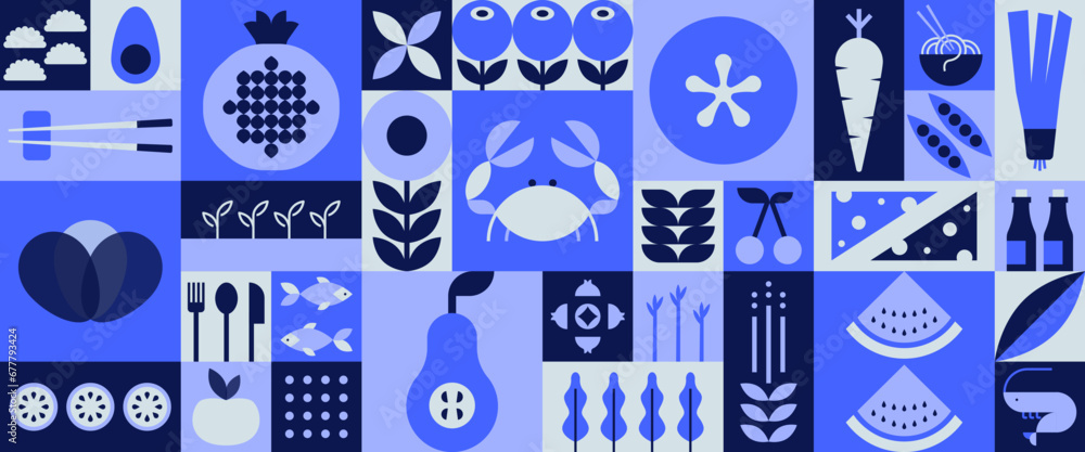 Geometric mosaic food banner. Natural fruit vegetable seafood pattern ...