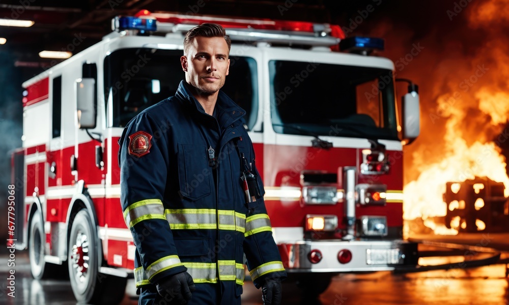 Firefighter in fire fighting operation. Portrait of heroic fireman in ...