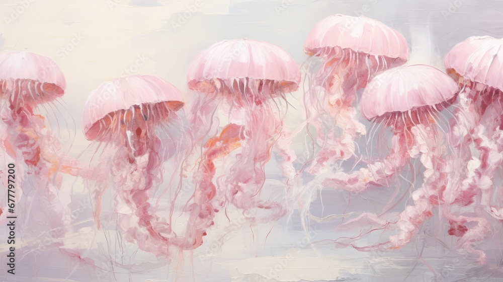 a group of pink jellyfish floating in the water with their heads turned ...
