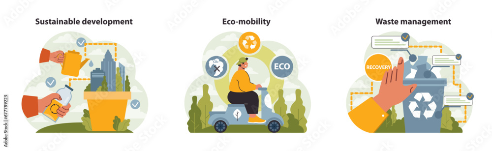 Eco-Responsibility set. Urban greening, watering plants. Green transport, CO2 reduction. Waste ...