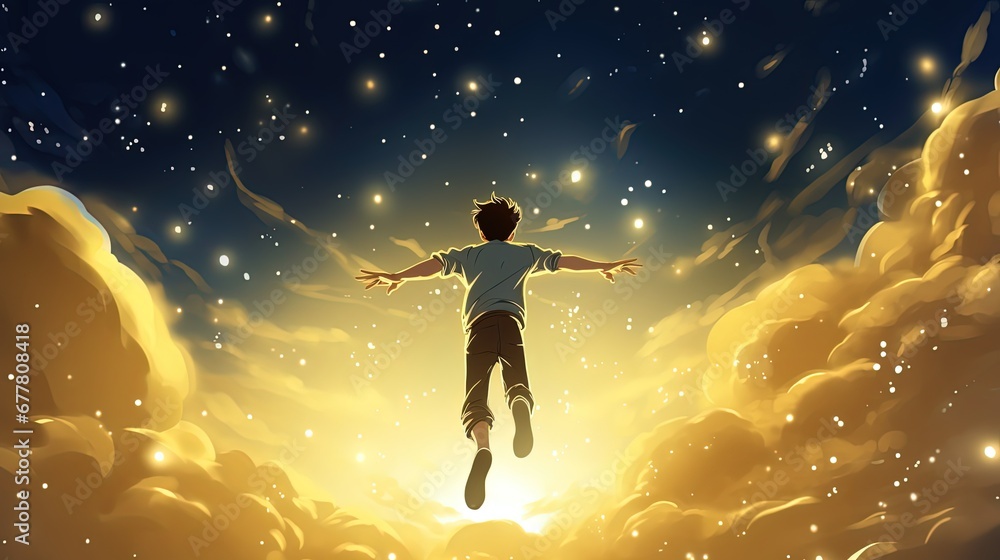 young man fly in night sky under space full of star, over cloud with ...