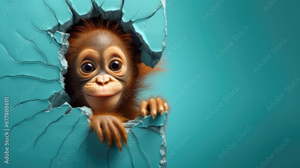 a baby monkey peeks out of a hole in a blue wall with a hole in it's ...