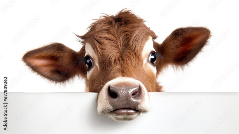 a close up of a cow peeking over a white wall and looking at the camera ...