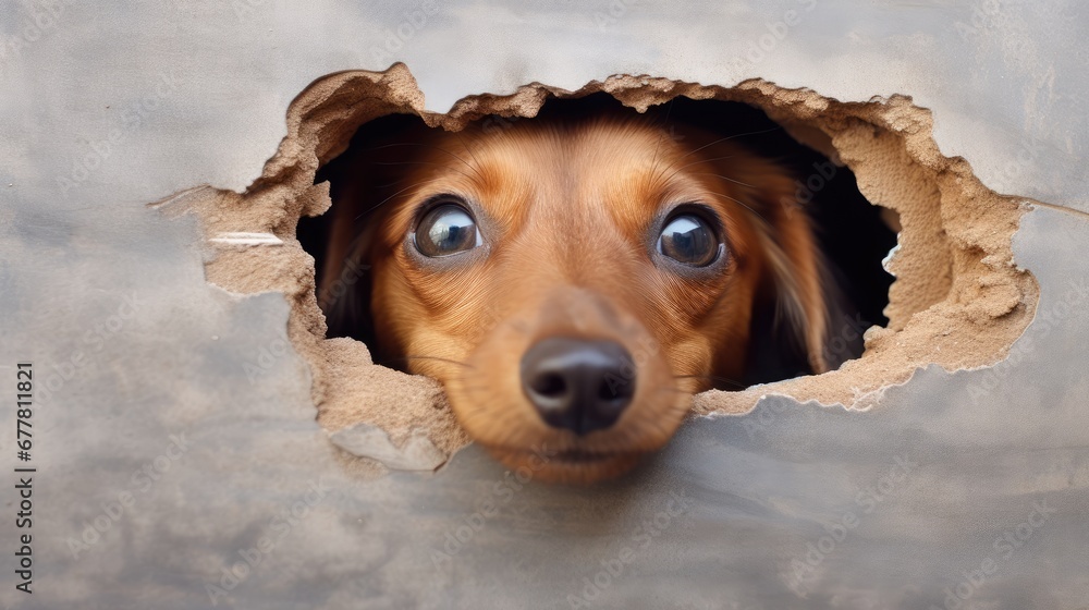 a close up of a dog poking its head out of a hole in a cement wall with ...
