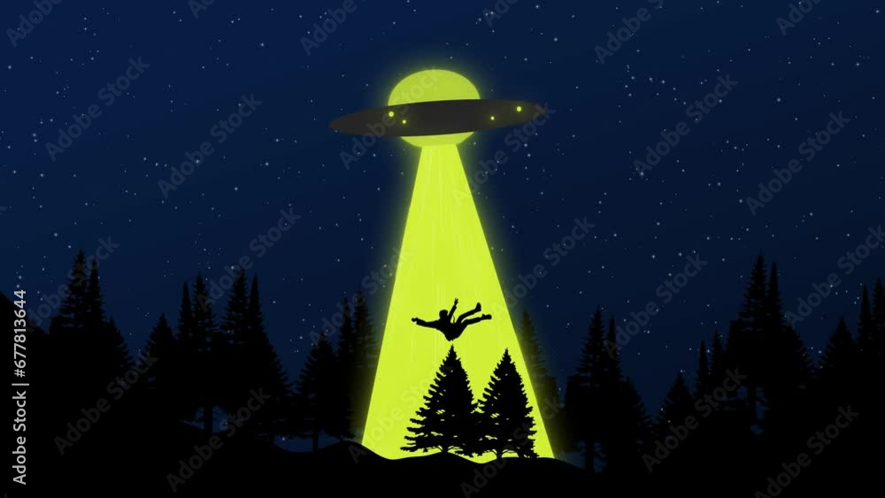 2d Cartoon Animation Of UFO Captured A Men, Ufo Flying In The Dark Sky ...