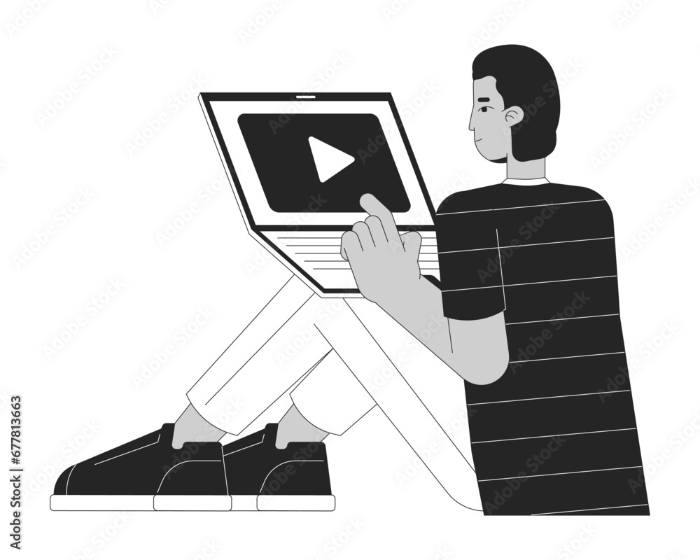 Watching movies on laptop black and white cartoon flat illustration ...