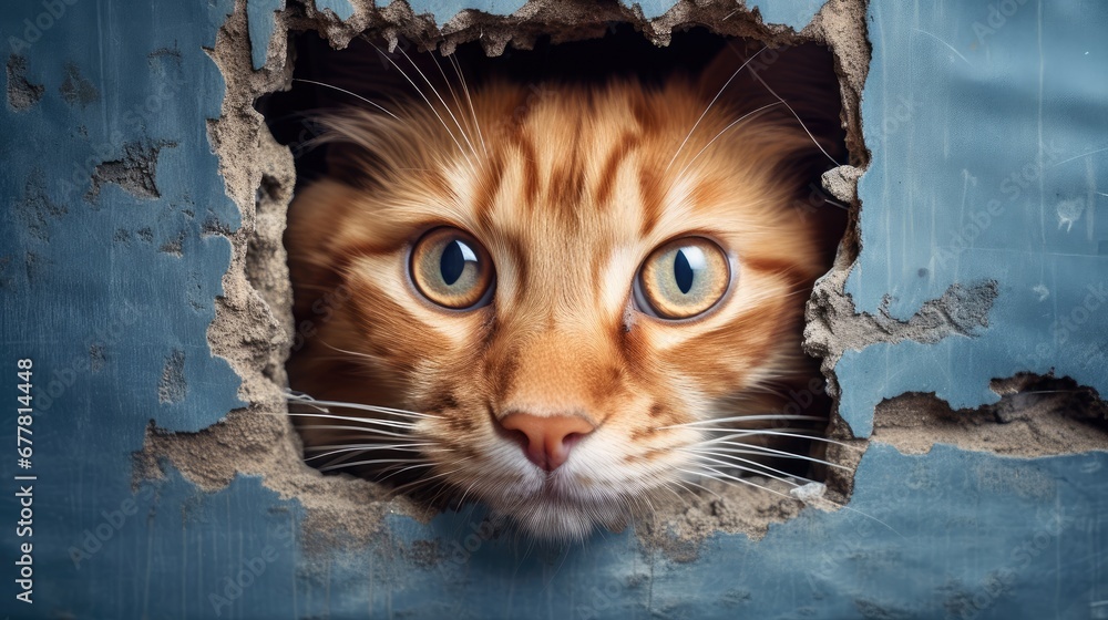 a close up of a cat's face peeking out of a hole in a wall with paint ...