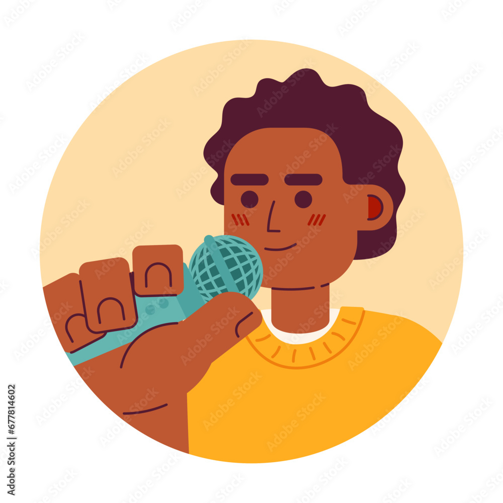 Young adult black man holding mic 2D vector avatar illustration ...