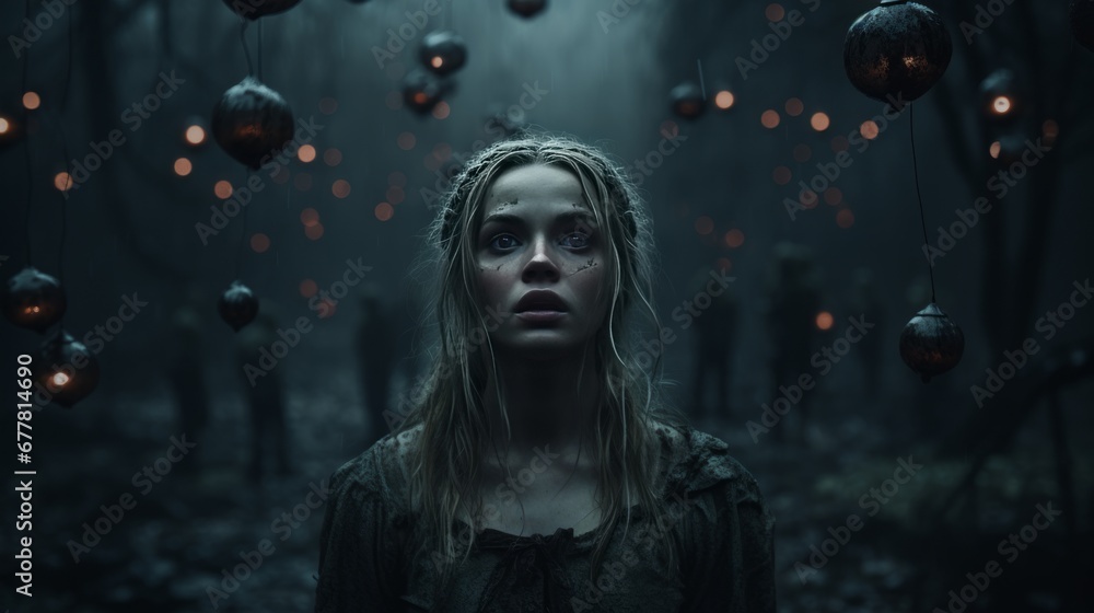 scary halloween zombie, woman is afraid ai generated Stock Illustration ...