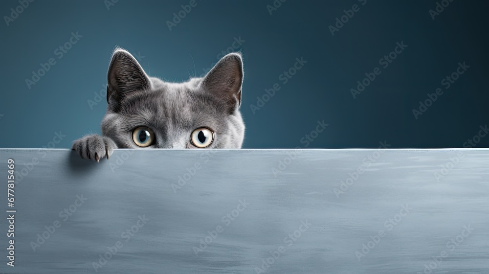 a gray cat peeking over a wall with its paw on the edge of the wall ...