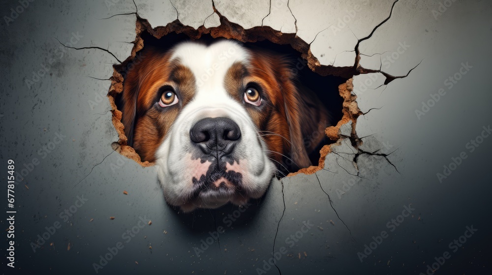 a close up of a dog's face poking out of a hole in the wall that has ...