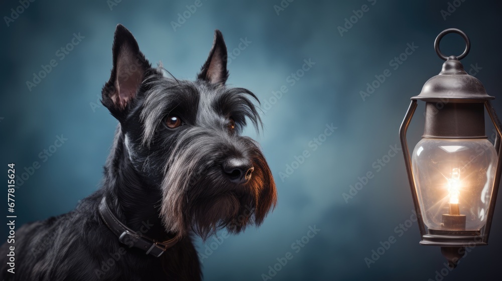 a dog standing next to a lamp with a light bulb on it's head and it's ...