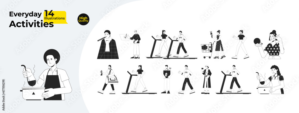 Daily routine black and white cartoon flat illustration bundle ...