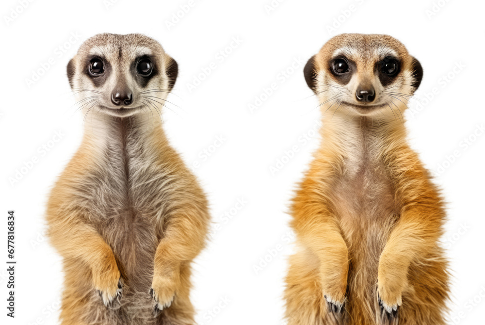Two beautiful small meerkat stands on its hind legs and looks into the ...