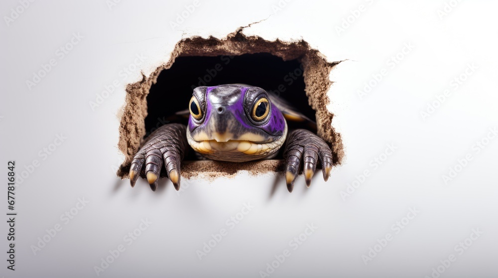 a close up of a turtle poking its head out of a hole in a wall with it ...