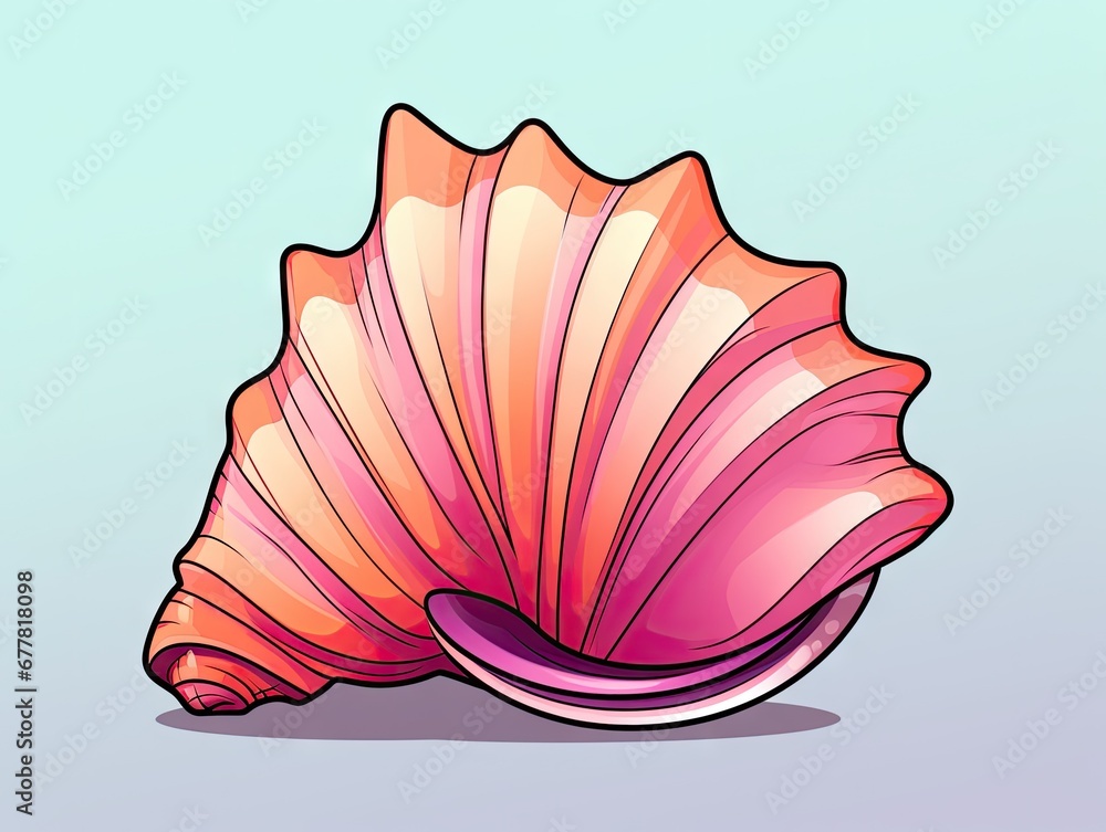 a pink scallop shell on a light blue background with a shadow of the ...