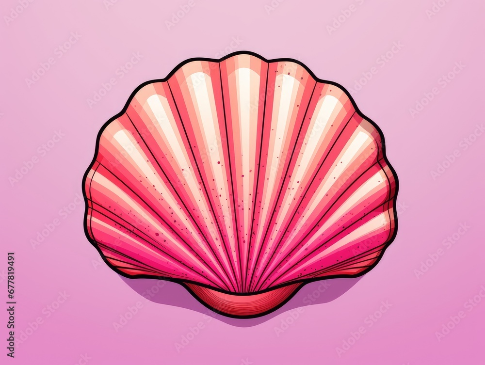 a pink scallop shell on a pink background with a shadow of the scallop ...