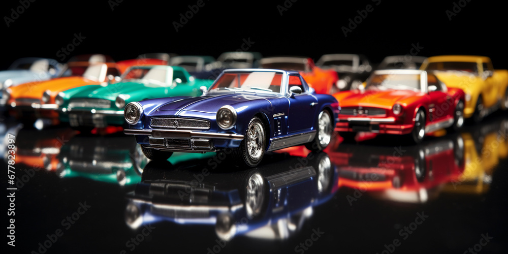 model cars, arranged in a V-shape, high-gloss reflective surface ...