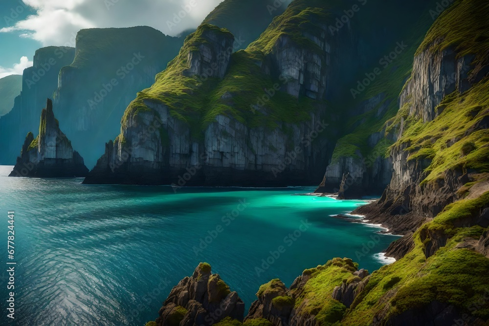 The majestic cliffs of a remote island, rising from the ocean depths to ...