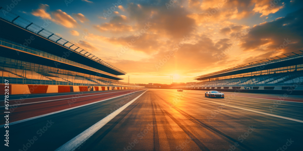 F1 race track circuit road with motion blur and grandstand stadium for ...